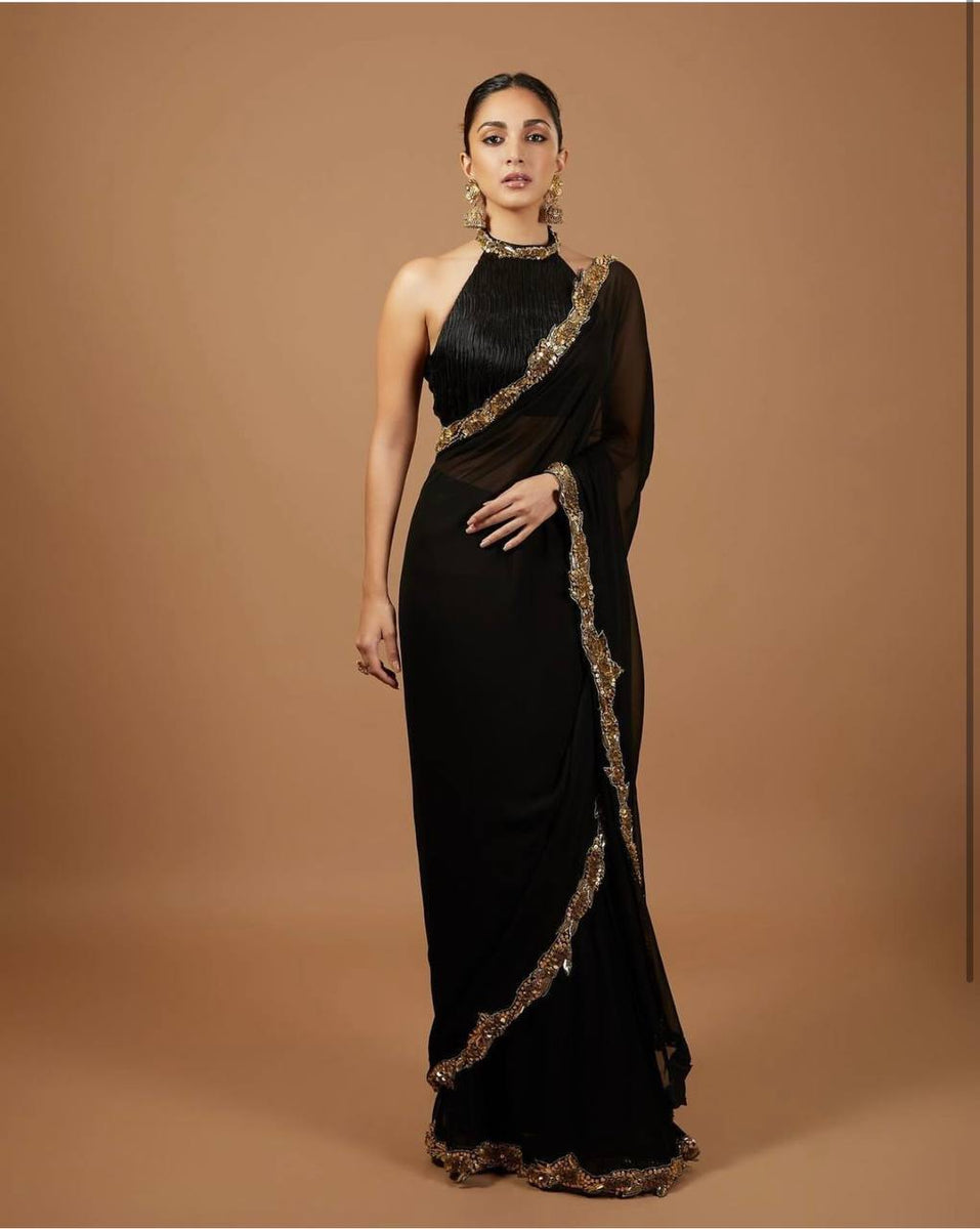 Kiara advani Black Georgette Saree with Golden Sequin Border – Manvansh Trends