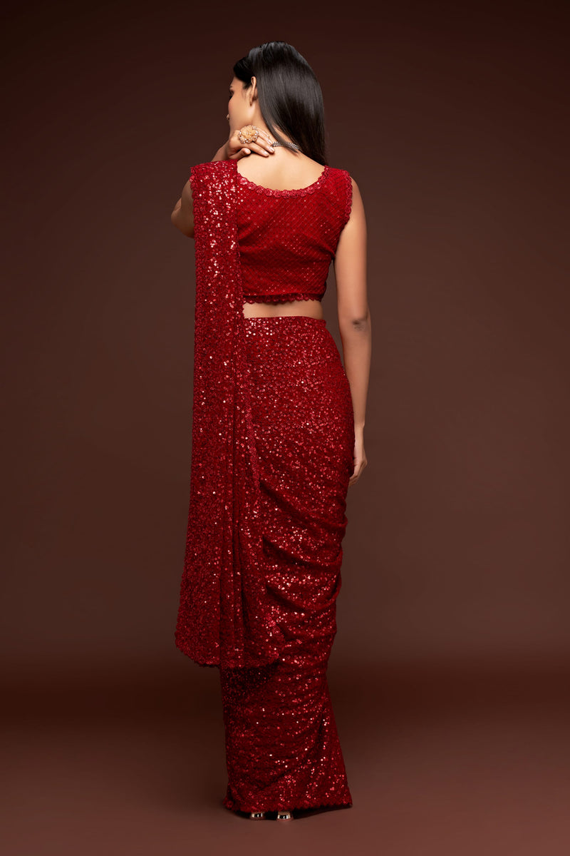Deep Red Sequin Saree for Party & Evening Wear – Manvansh Trends