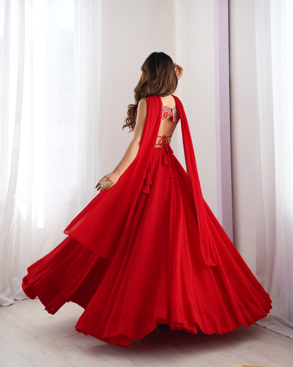 Red flowy lehenga with multicolor choli and matching dupatta – Manvansh ...