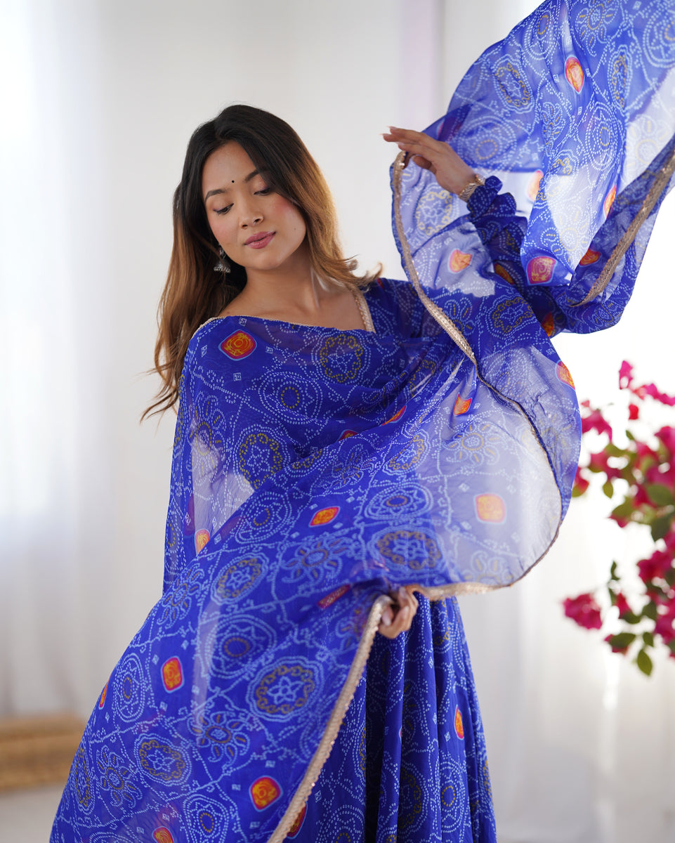 Blue bandhani anarkali suit with matching dupatta – Manvansh Trends