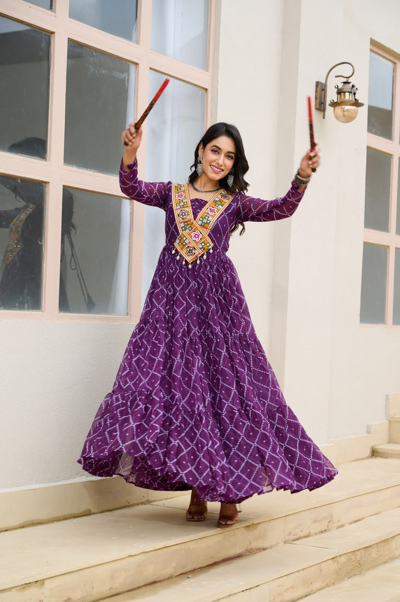 Purple Flared Navratri Gown with Kutchi Embroidery for Dandiya Night ...