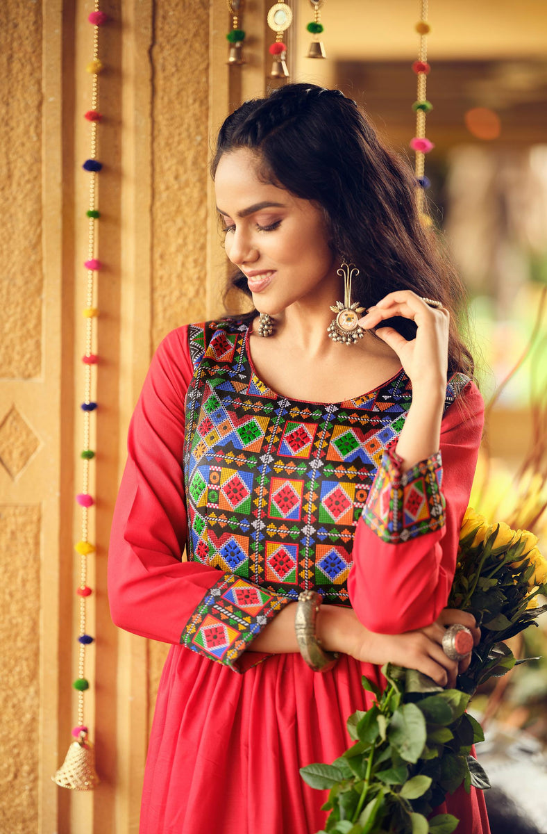 Red Navratri Gown with Multicolor Embroidered Yoke & Border – Manvansh ...