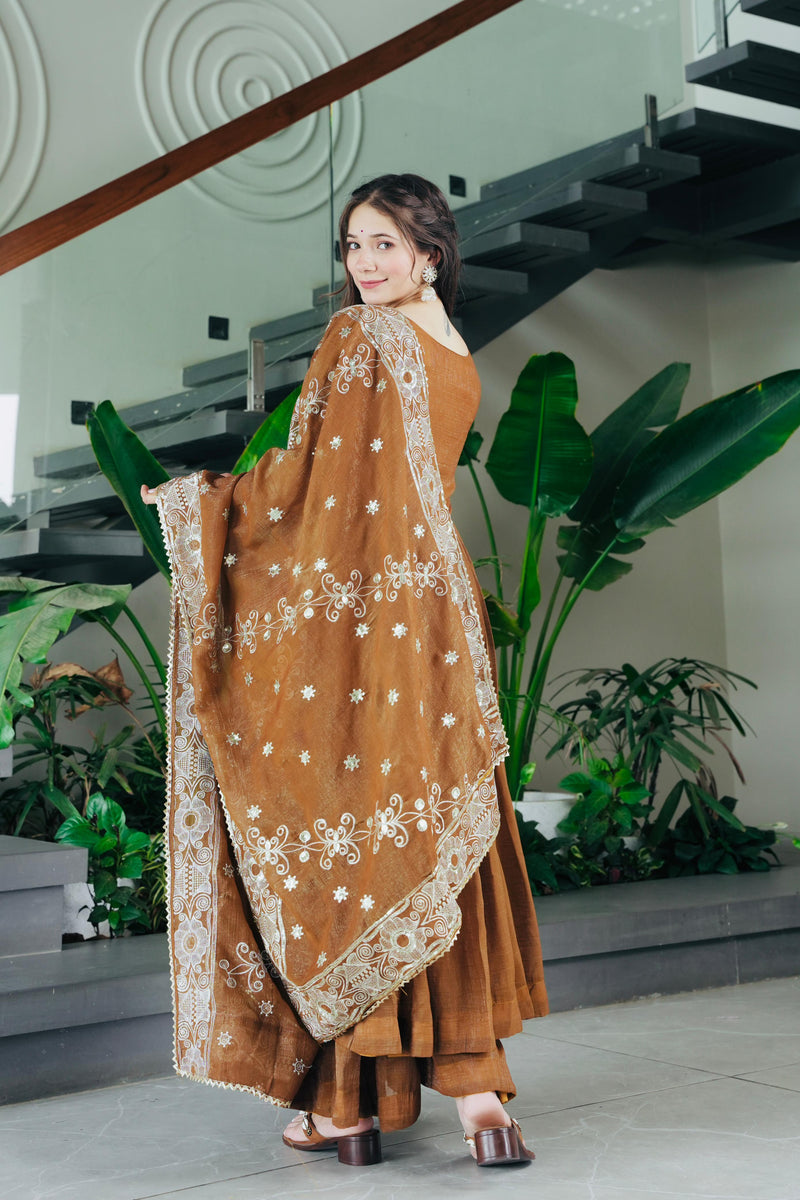 Festive Brown Flared Anarkali Set with Embroidered Dupatta – Manvansh ...