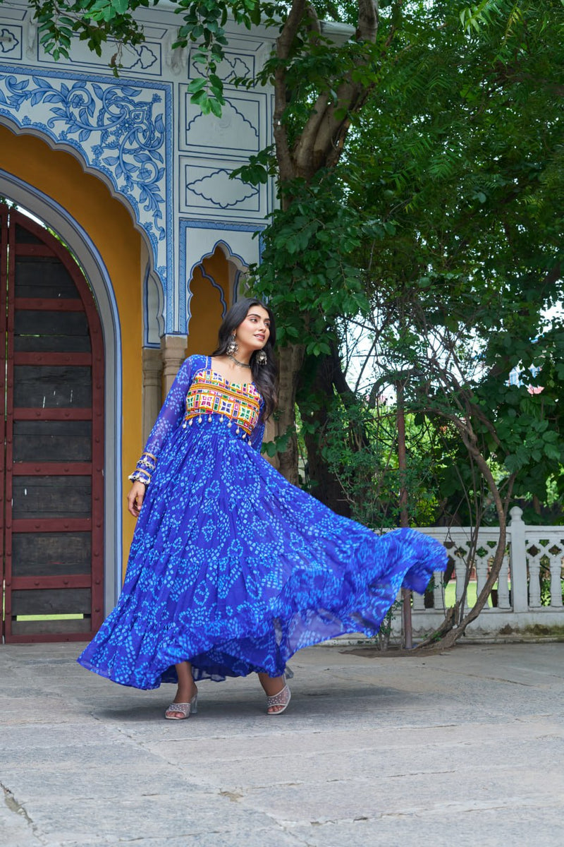 Royal Blue Bandhej Print Navratri Garba Gown with Kutchi Work ...