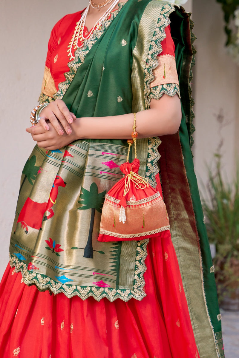 Red and Green Pattu Style Lehenga Choli with Zari Animal Motif ...