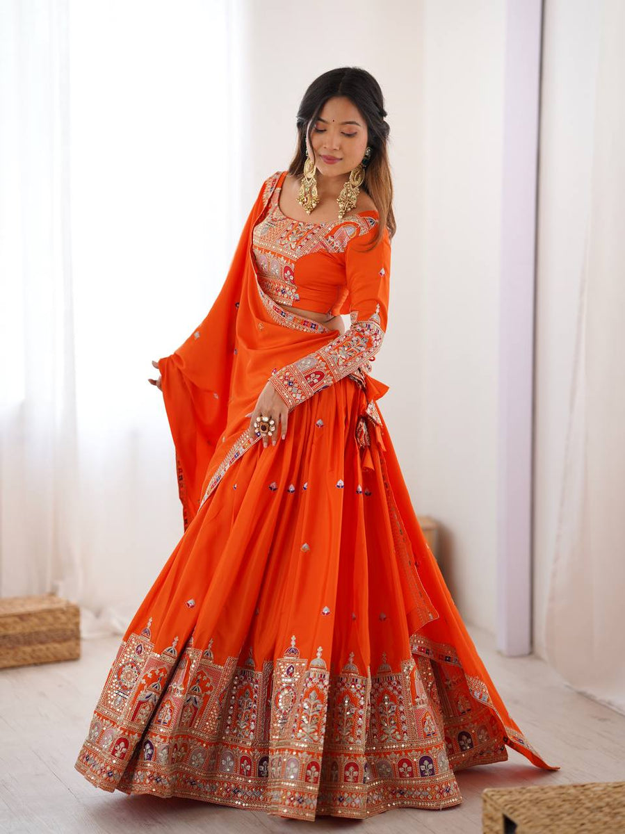 Bright Orange Dori Work Crepe Silk Festive Wear Lehenga Choli ...