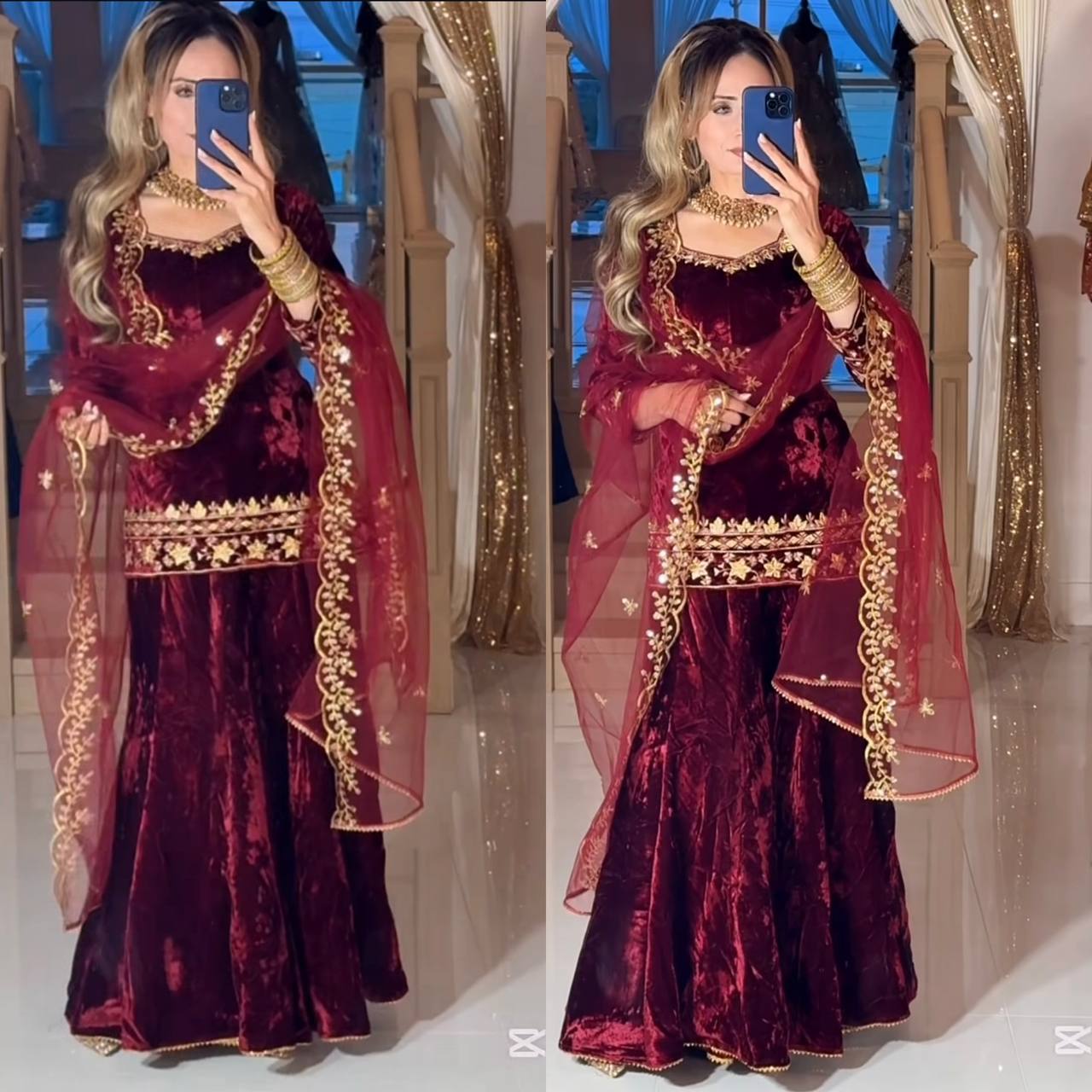 Designer Maroon Velvet Sharara Suit with Embroidery Net Dupatta ...